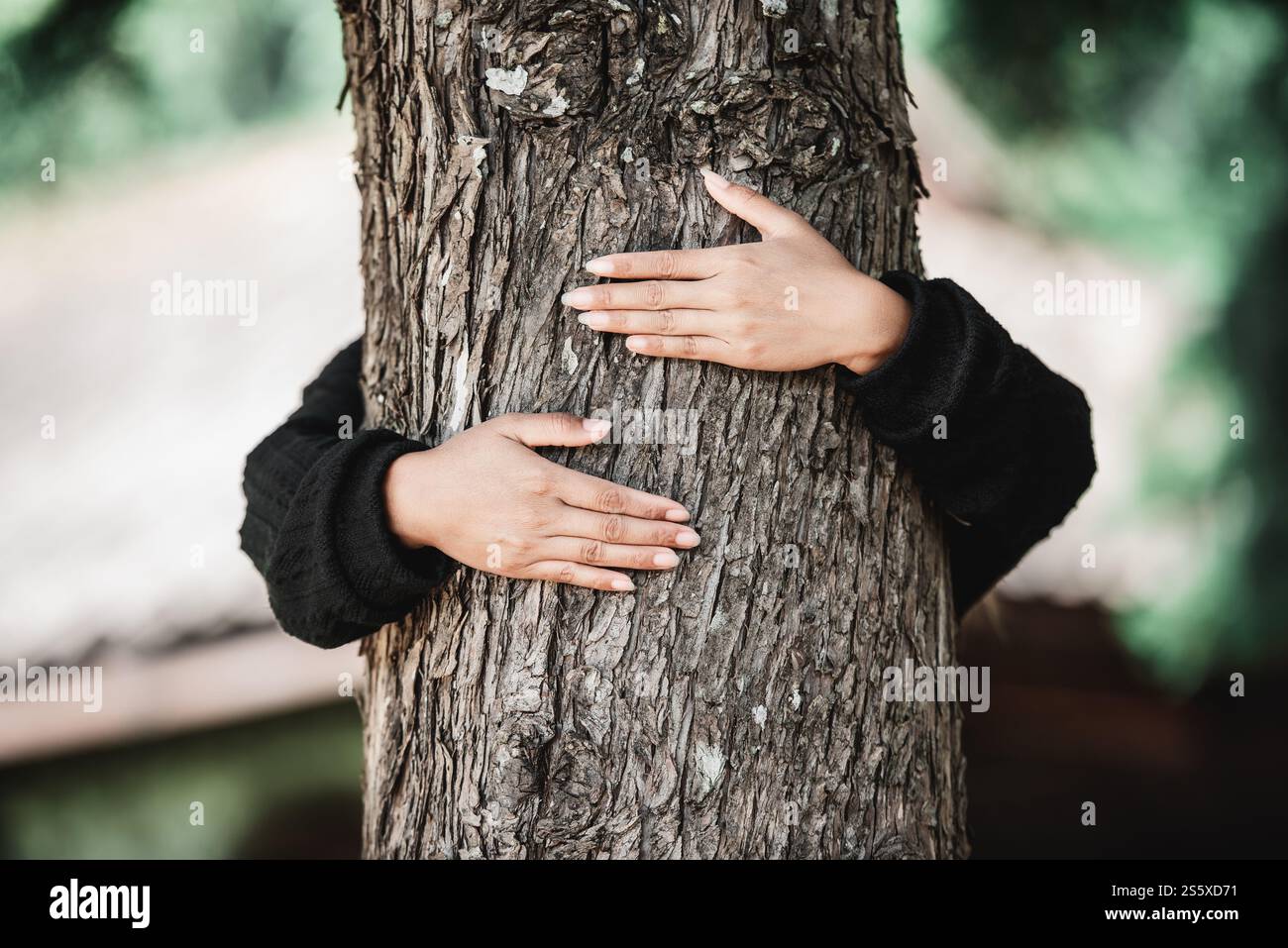 Contented young woman hugging a large tree with a blissful expression ...