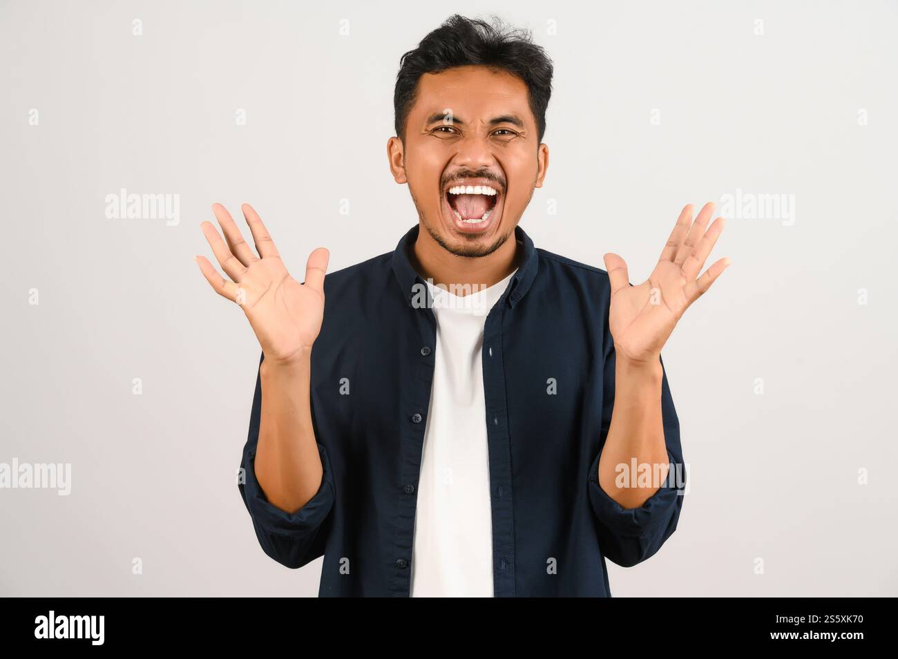 Portrait of excited young asian man in blue shirt standing with raised ...