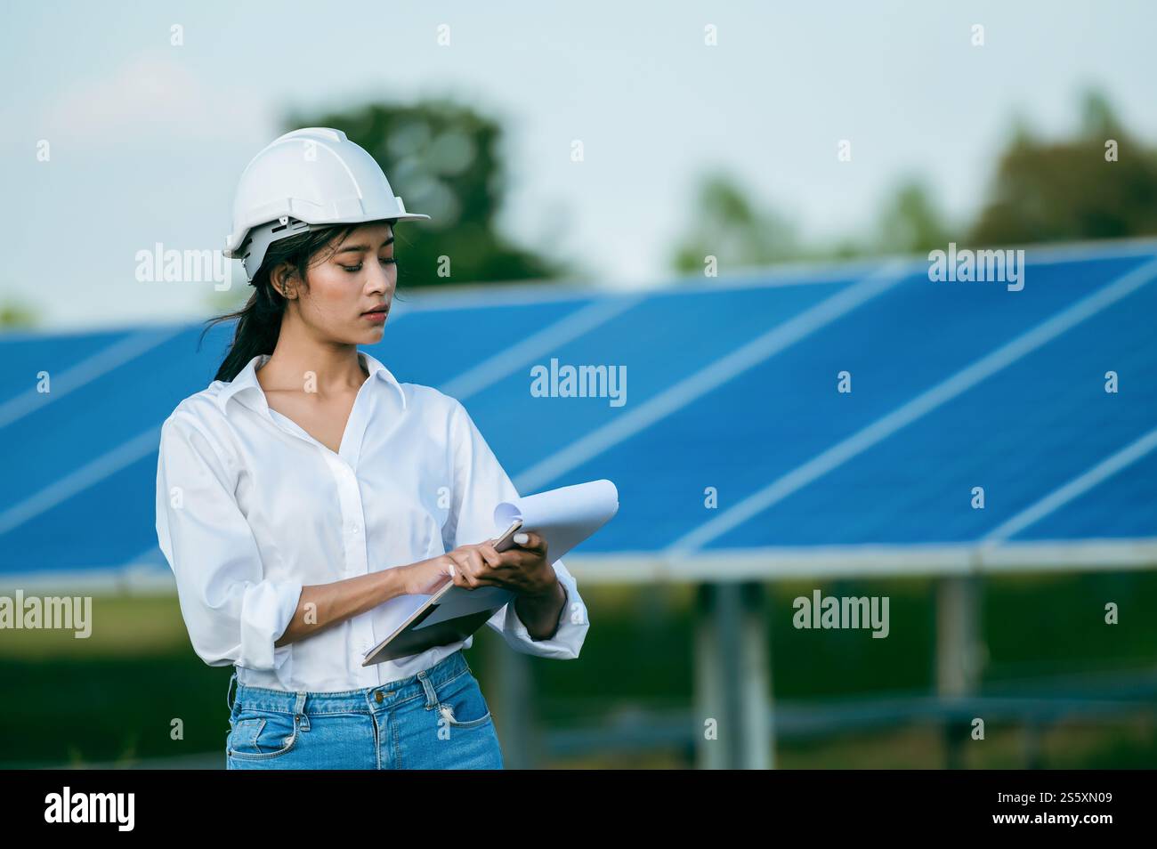 Portrait Asian Young engineer woman wearing protection helmet standing ...