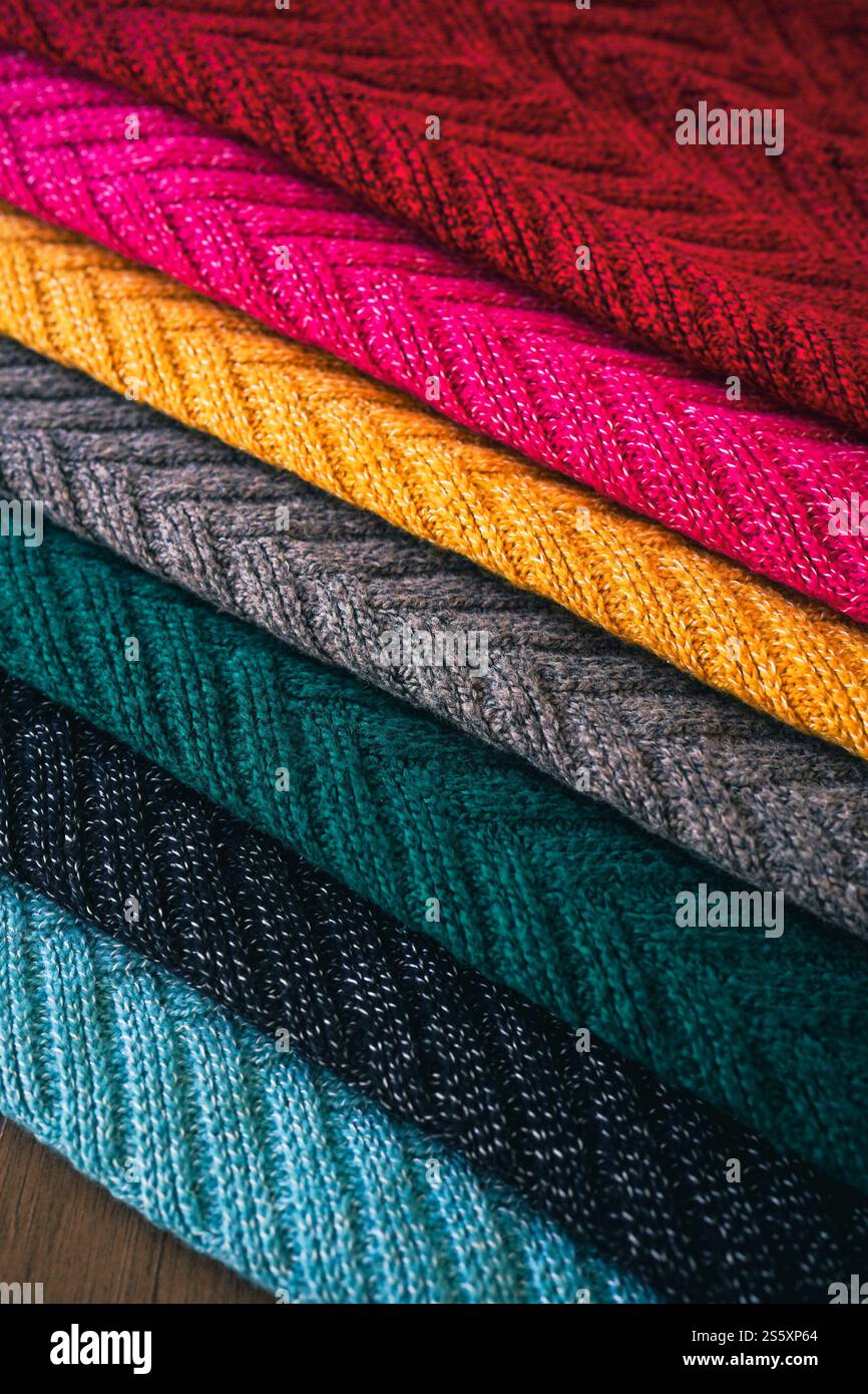Multi colored Knitted woolen fabric texture background for winter Stock ...