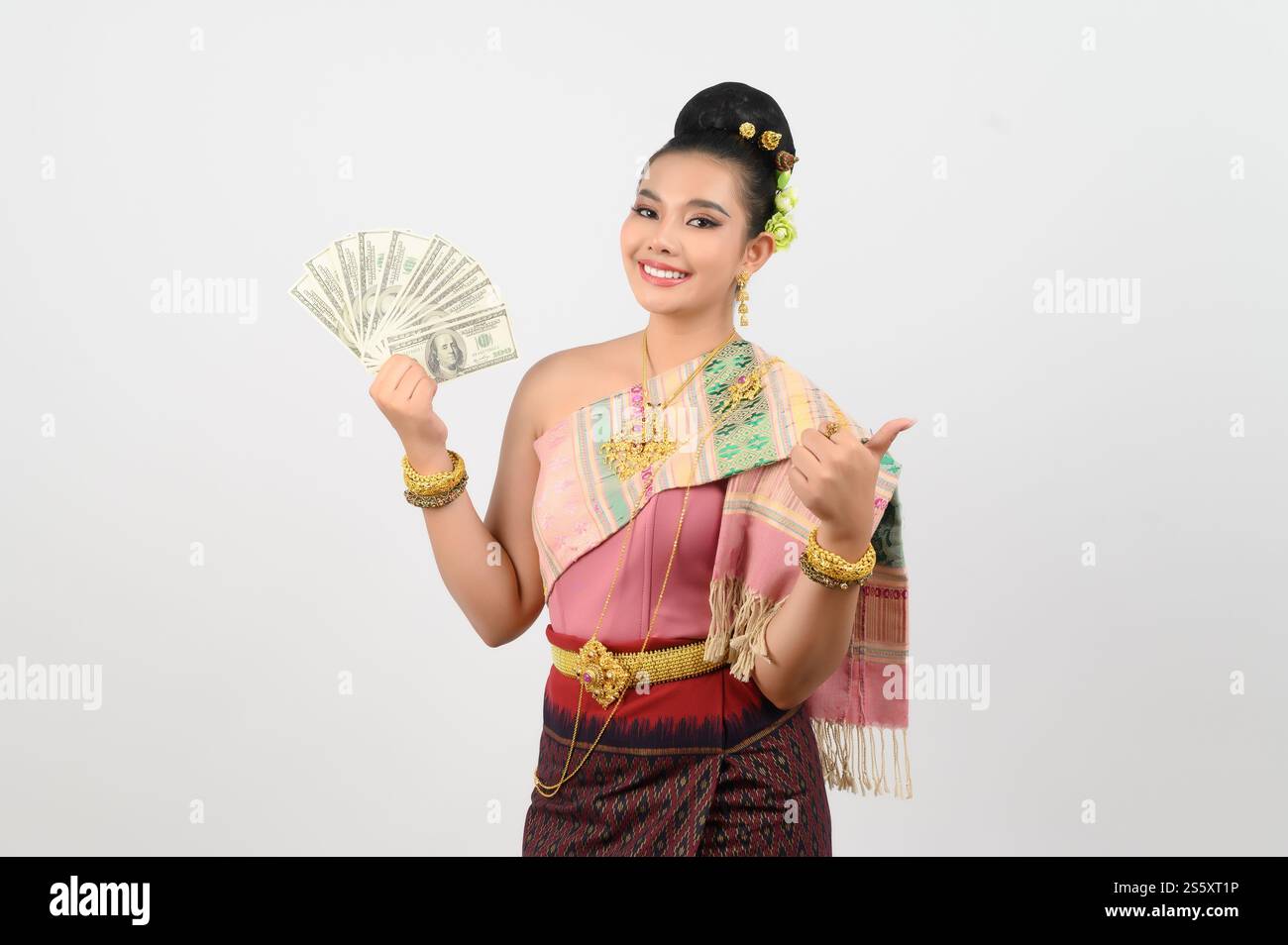 Portrait asian pretty woman point finger posing with smiling in Thai ...