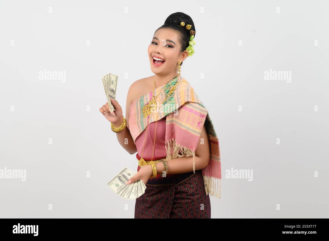Portrait asian pretty woman point finger posing with smiling in Thai ...