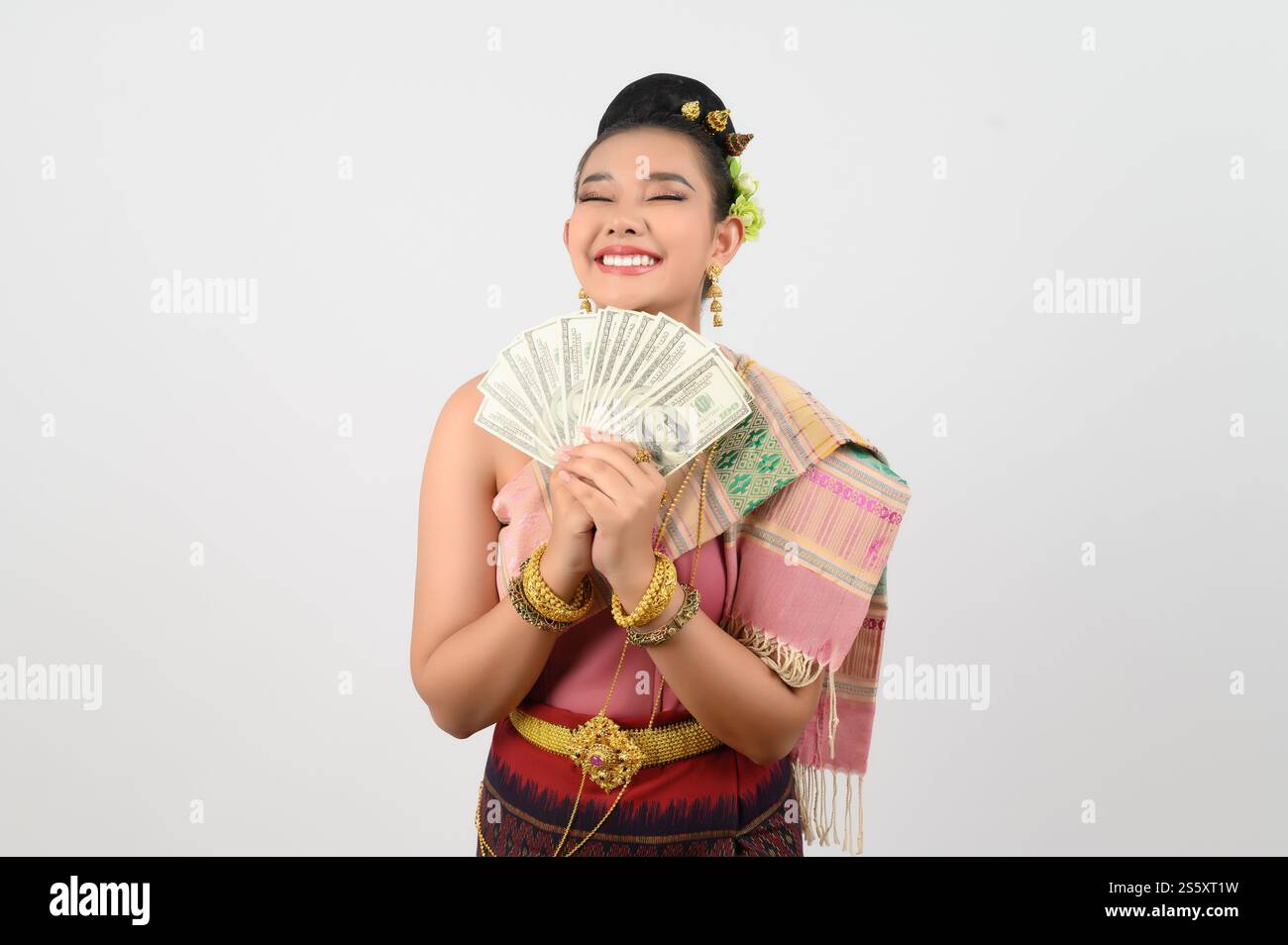 Portrait asian pretty woman point finger posing with smiling in Thai ...