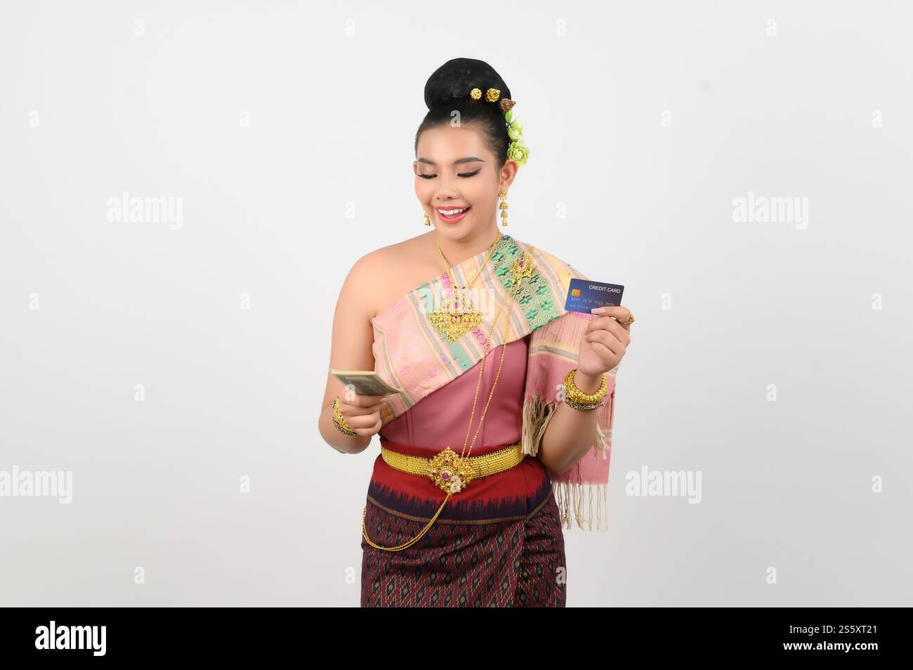 Portrait of Young woman in Thai Northern Traditional Clothing holding ...