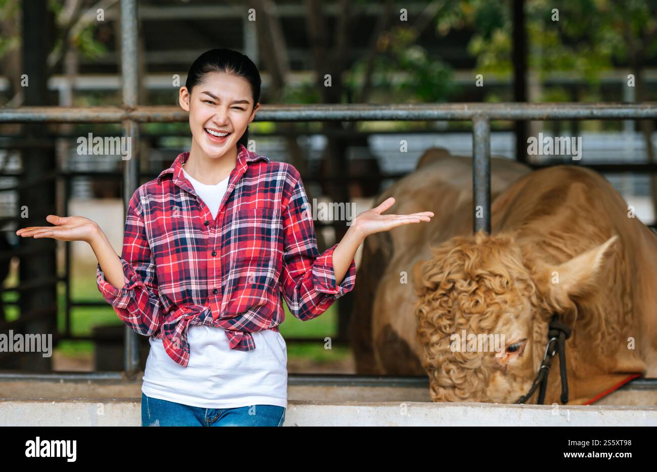 Portrait of Happy young Asian farmer woman looking at camera at dairy ...
