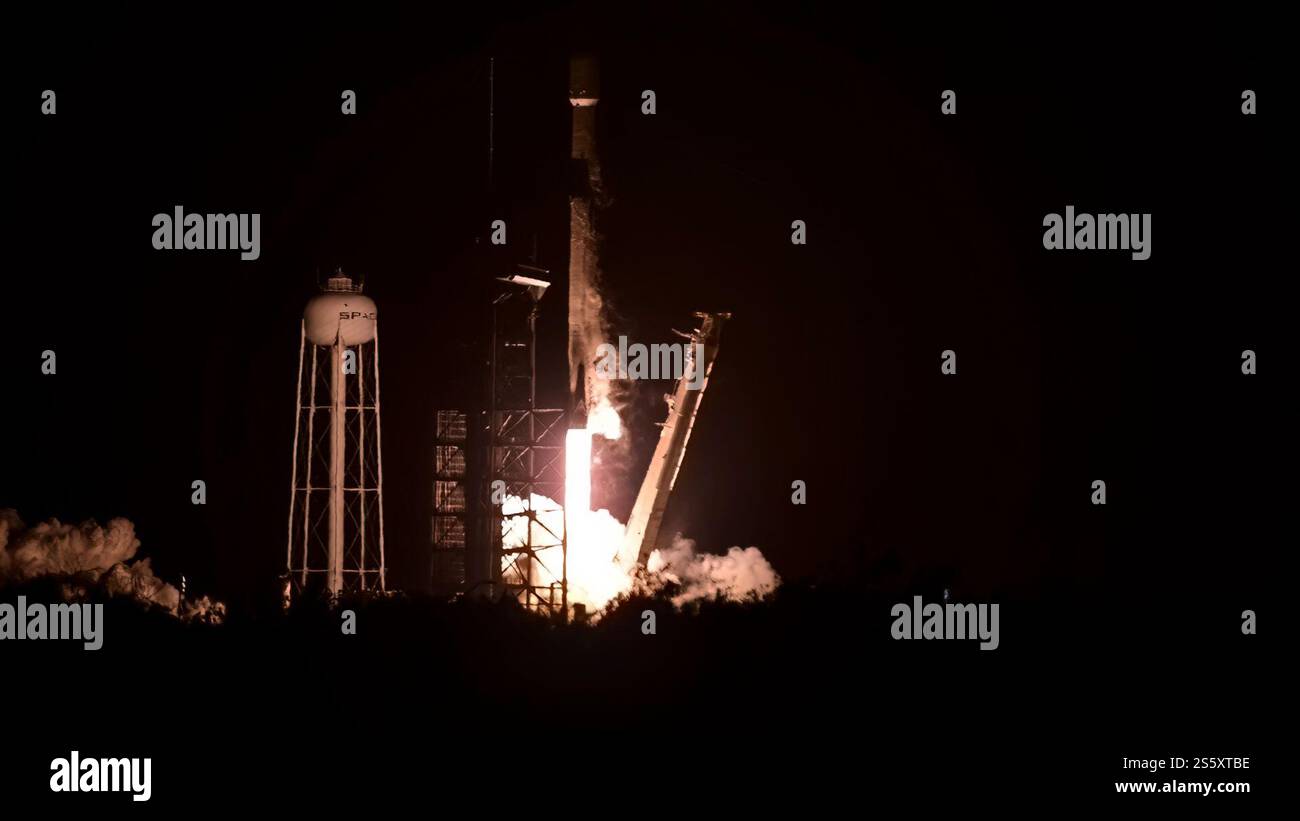 January 14, 2025, Merritt Island, Florida, USA: A SpaceX Falcon 9 rocket launches with two ...