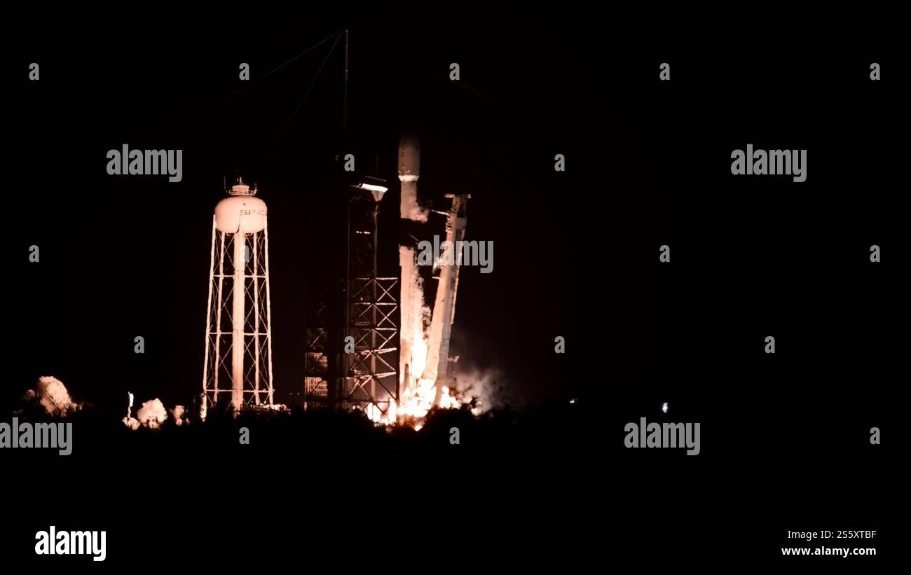 January 14, 2025, Merritt Island, Florida, USA: A SpaceX Falcon 9 rocket launches with two ...