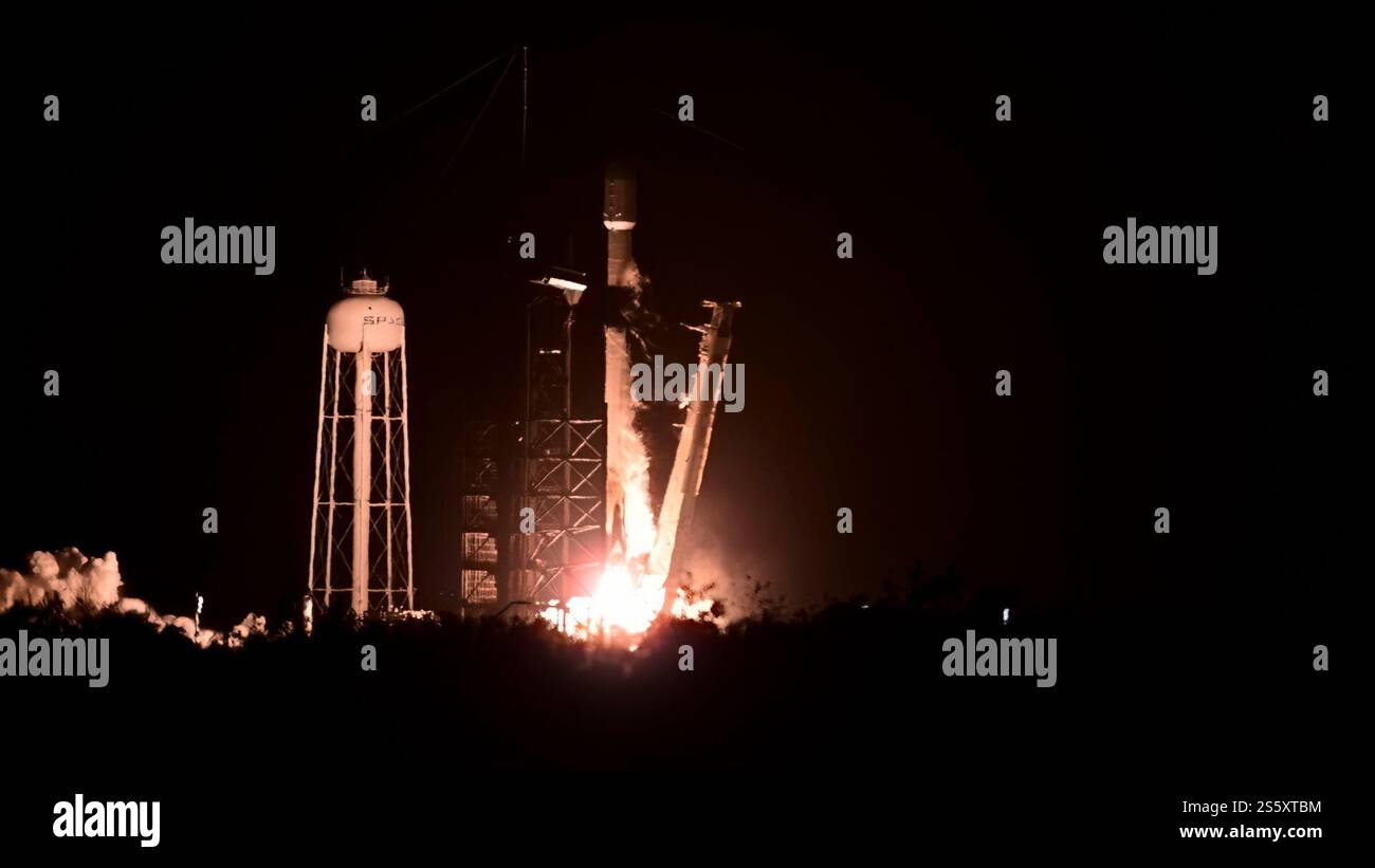 Merritt Island, Florida, USA. 14th Jan, 2025. A SpaceX Falcon 9 rocket launches with two ...