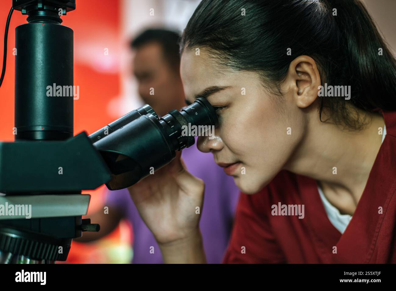 Asian young female farmer looking through a microscope in a laboratory. Modern technologies in ...