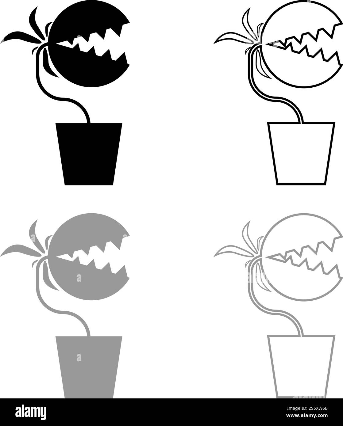 Carnivorous plant Flytrap Monster with teeths in pot icon outline set black grey color vector ...