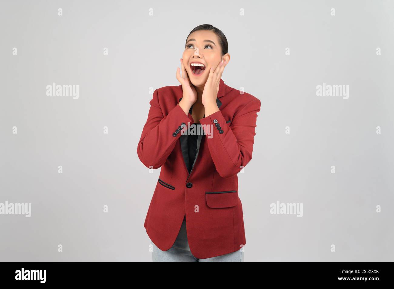 Portrait young beautiful woman in formal clothing for officer standing ...