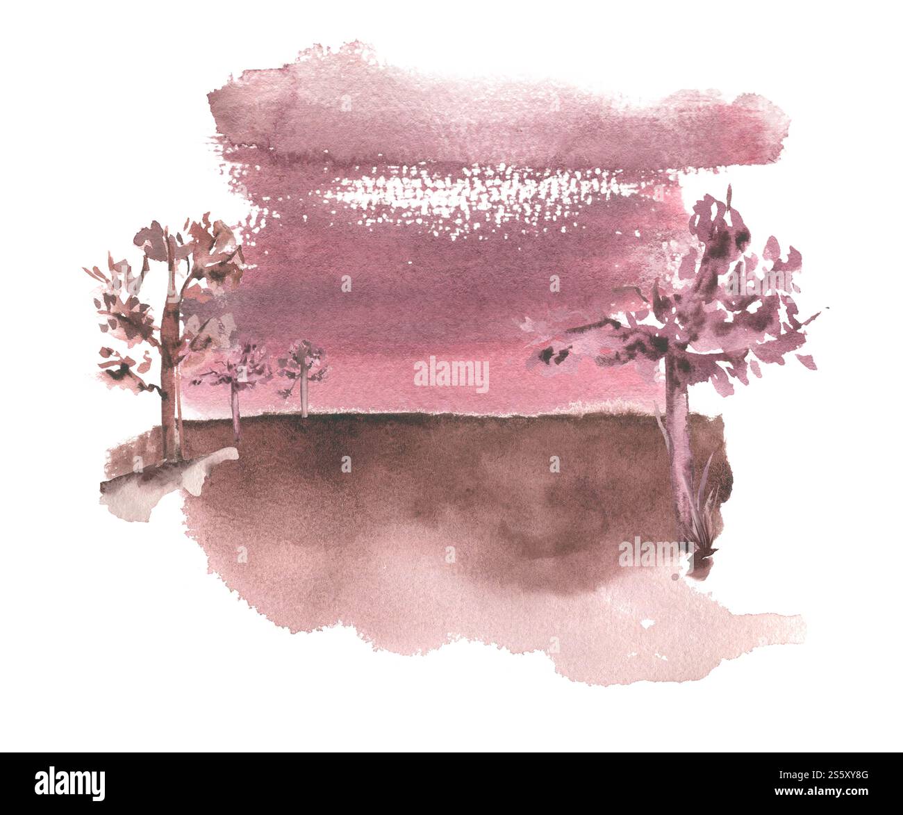 Sunset soft silhouettes of trees with brown watercolor colors isolated ...