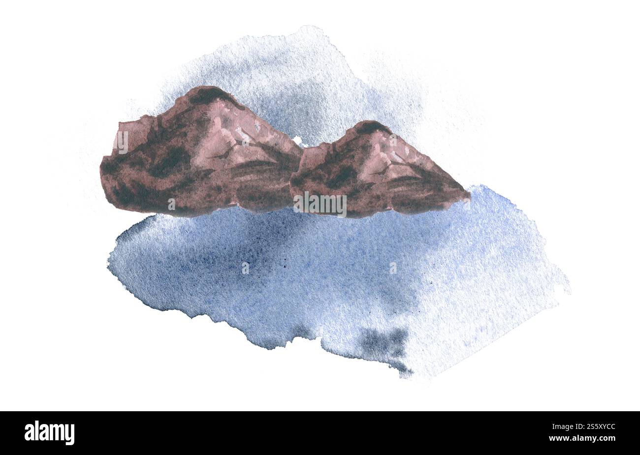 Brown mountains against a soft blue sky and lake surface by watercolor ...