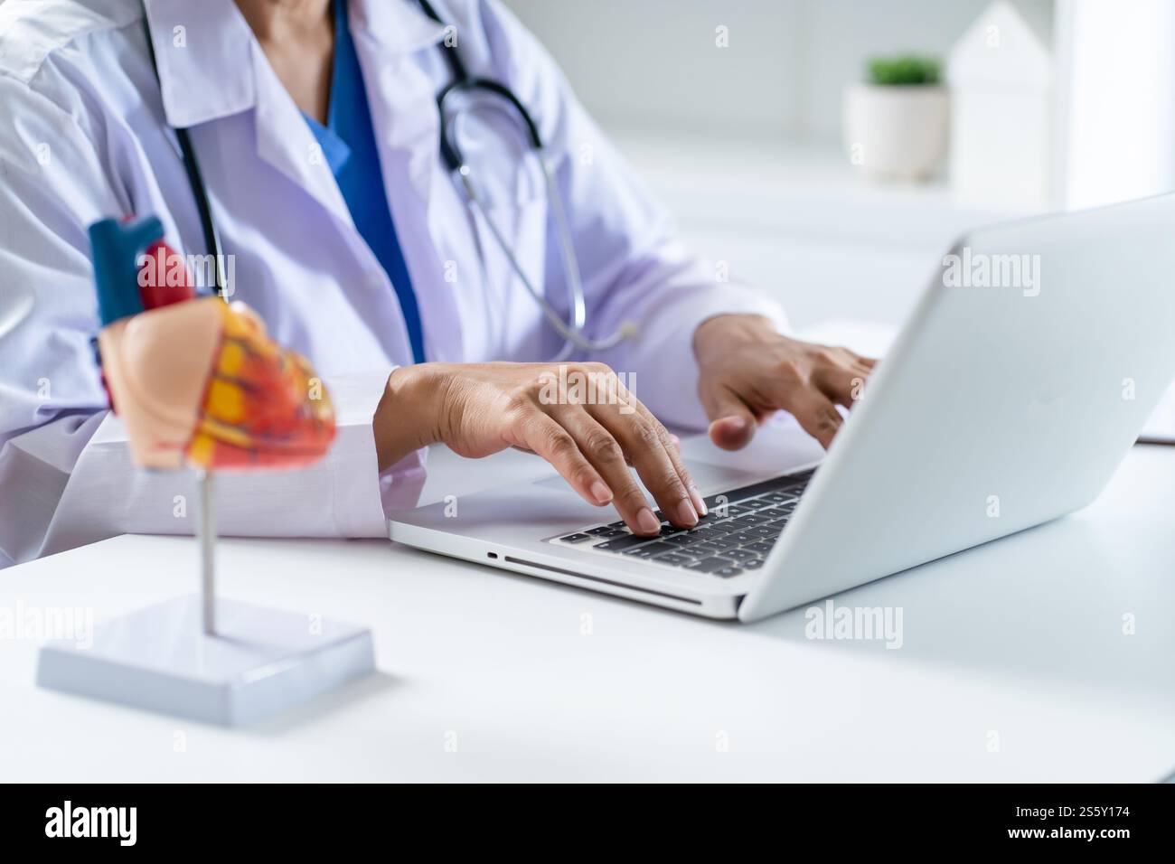 Doctor consult patient on laptop with anatomical model of human heart ...