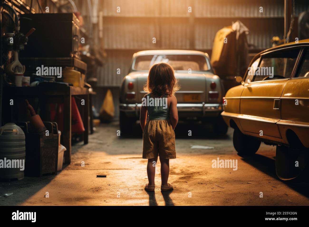 Car mechanic kid girl garage. Motor workshop. Generate Ai Stock Photo ...