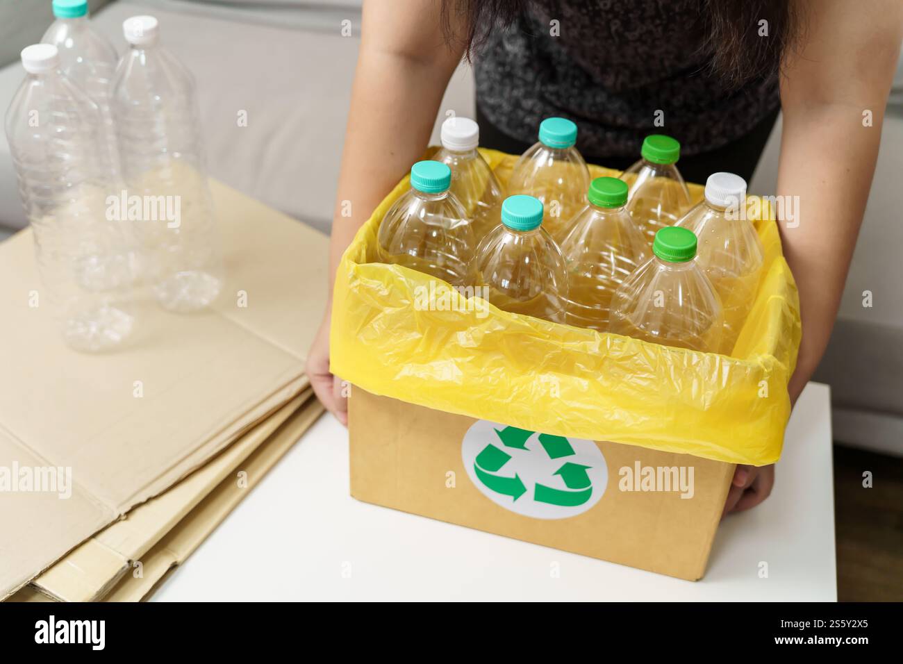 Home recycle eco green zero concept Woman throwing empty plastic bottle in recycling bin with ...