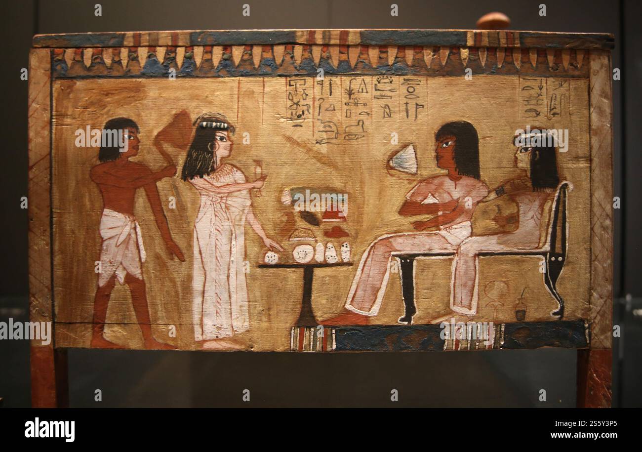 Ancient Egypt. Box decorated with pictures of Kha and Merit receiving ...