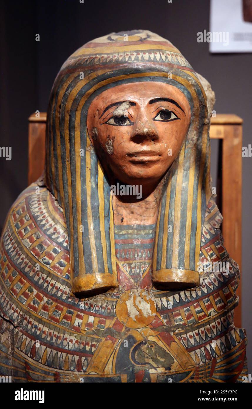 Cartonnage coffin. Funerary mask made from plant fiber and plaster and ...