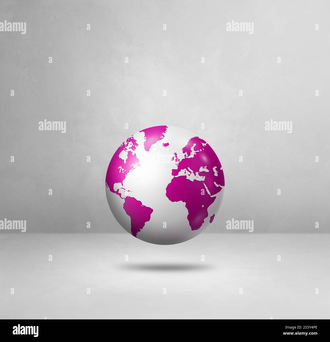 World globe, pink earth map, floating over a white background. 3D ...