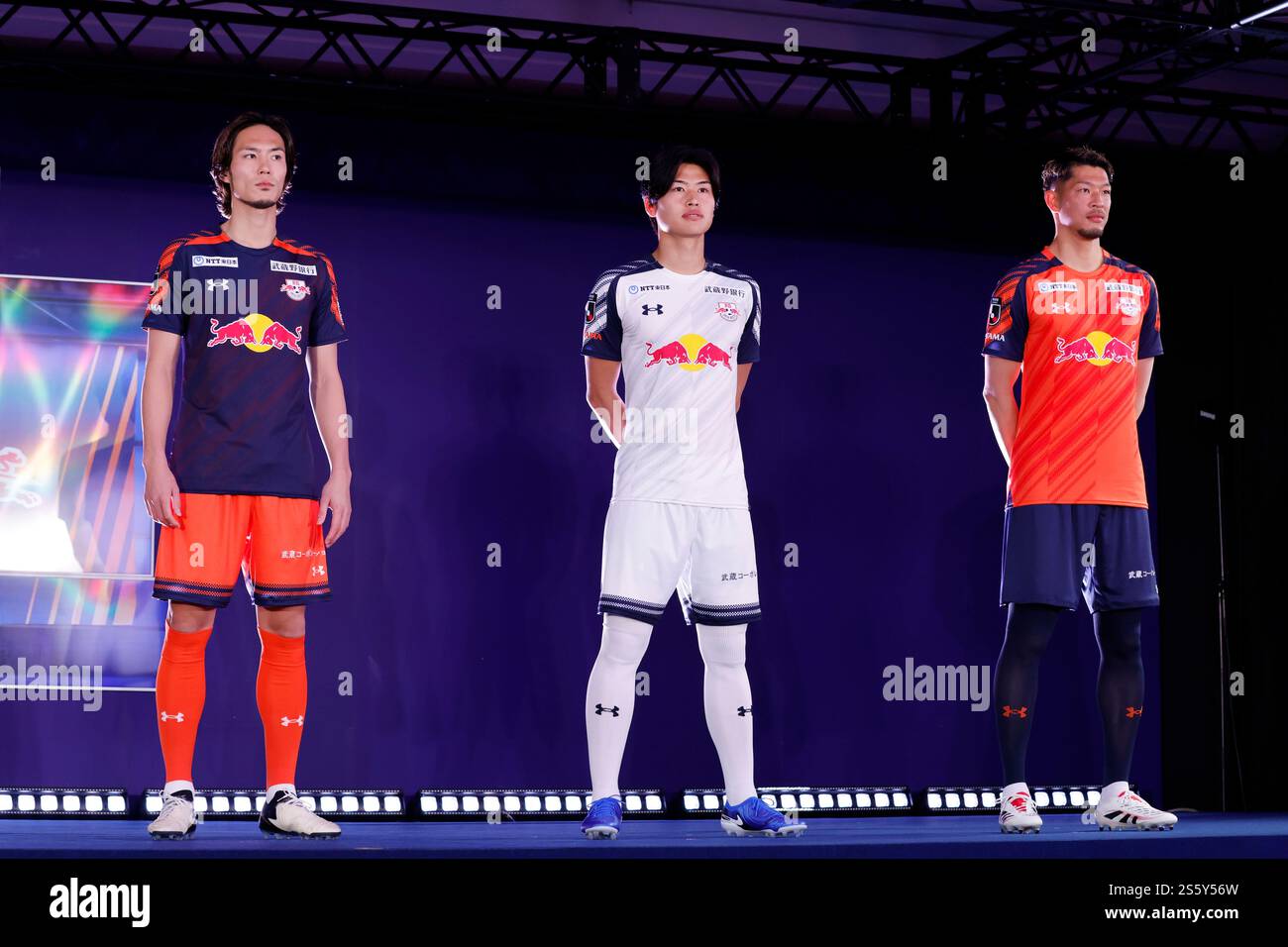 Saitama, Japan. 9th Jan, 2025. (L to R) Kenyu Sugimoto, Rion Ichihara, Takashi Kasahara (Ardija ...