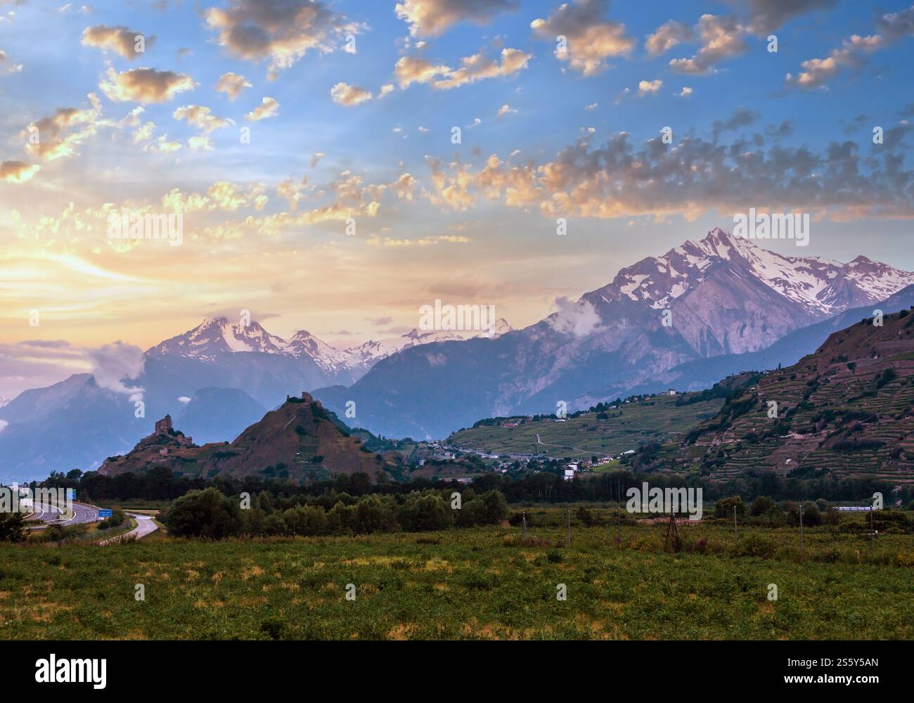 Alps mountain summer morning view with Castles Tourbillon and Montorge ...