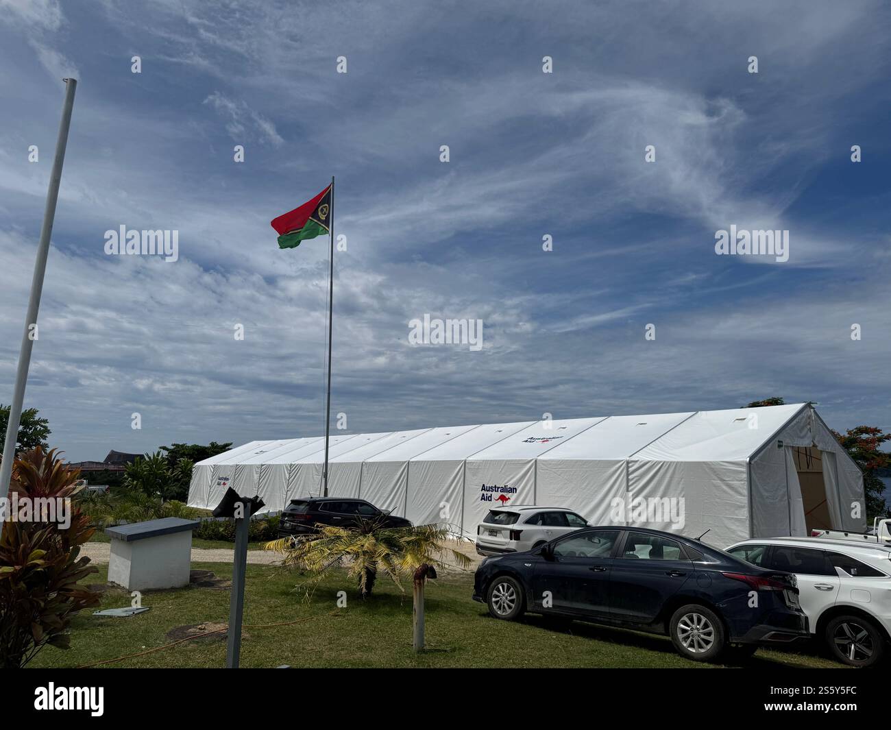 Port Vila, Vanuatu. 15th Jan, 2025. An Australian-donated tent is set up to aid with earthquake ...