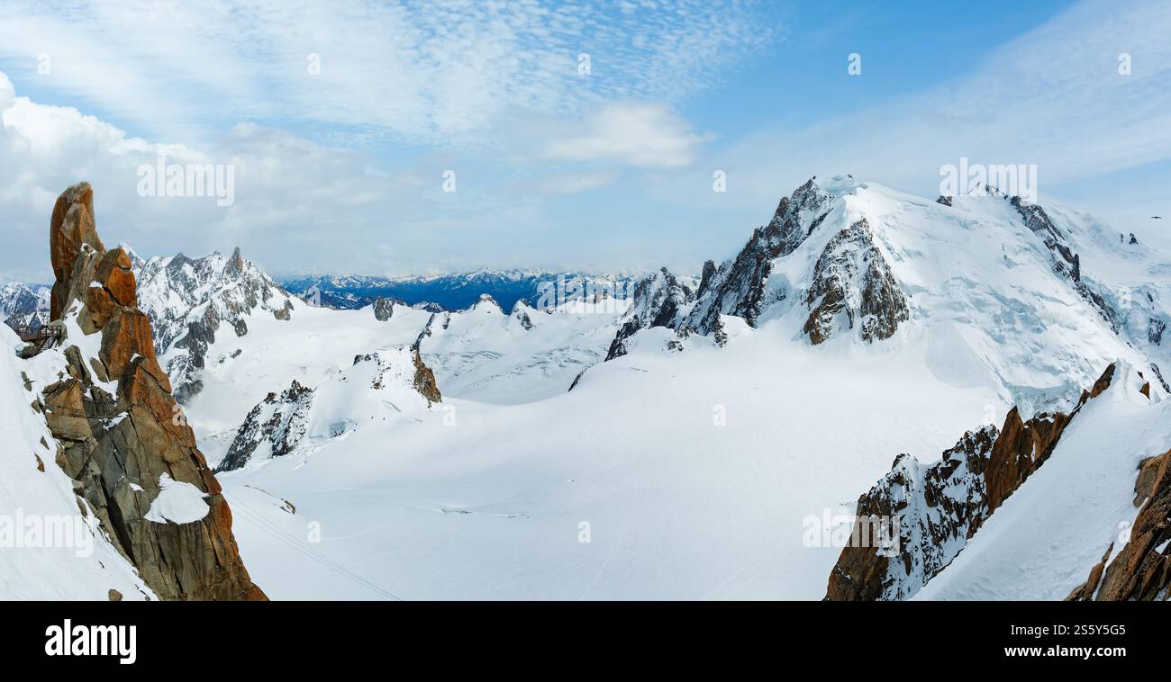 Mont Blanc rocky mountain massif summer view from Aiguille du Midi ...