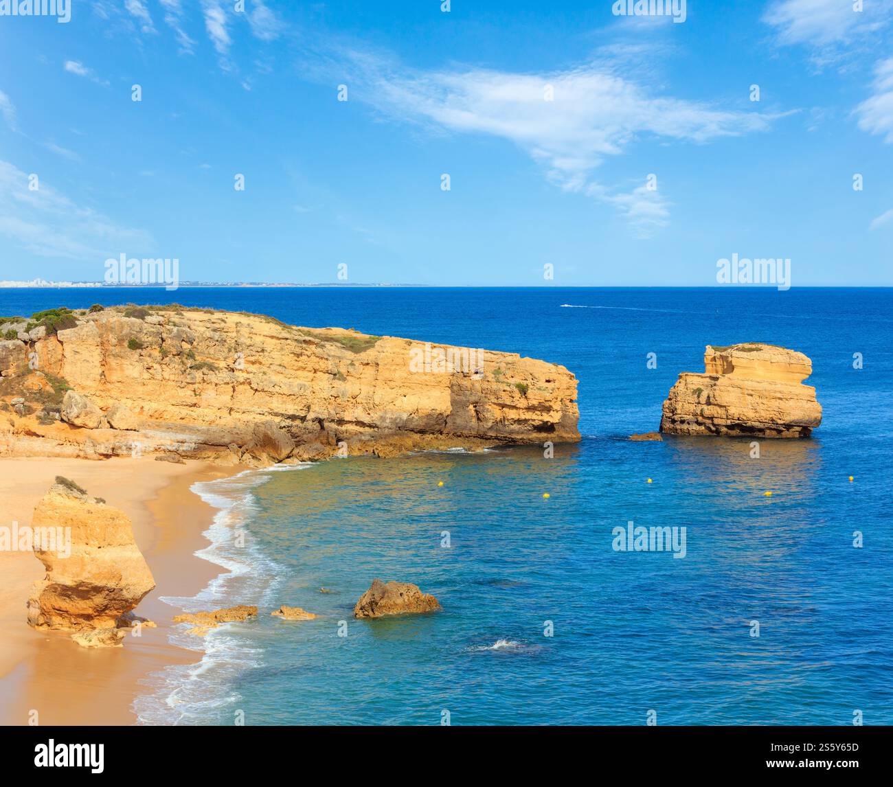Summer evening Atlantic rocky coast view and sandy beach Praia de Sao ...