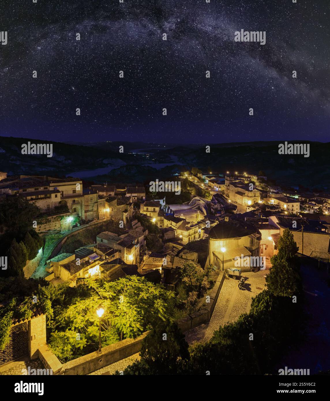 Night old medieval Stilo famos Calabria village view with Milky Way ...
