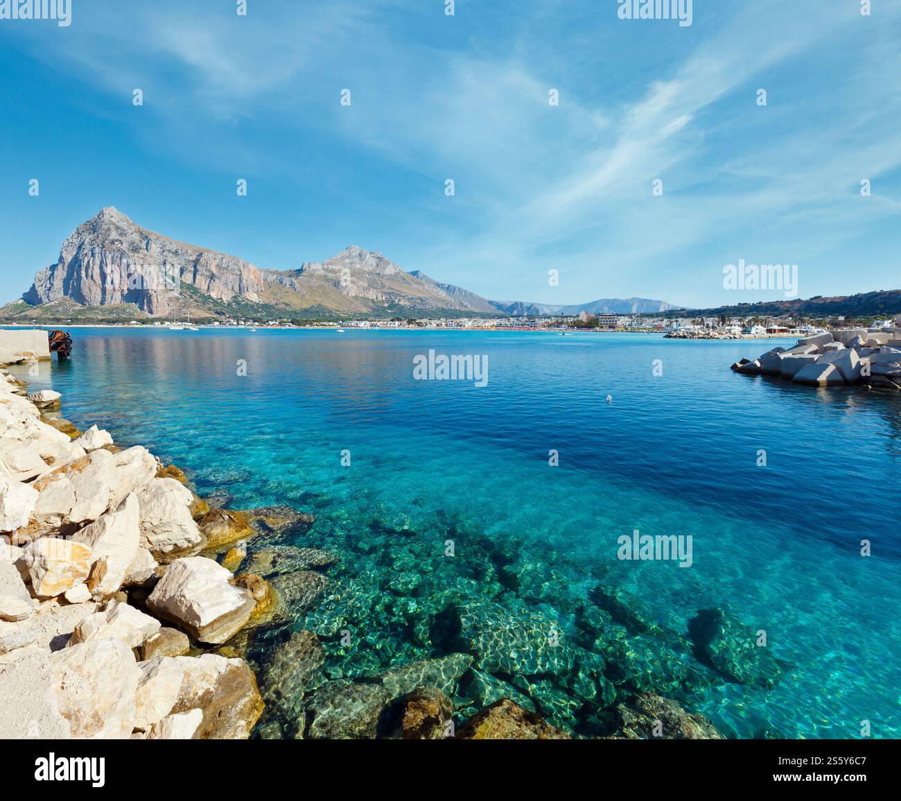 San Vito lo Capo beach with clear azure water and Monte Monaco in far ...