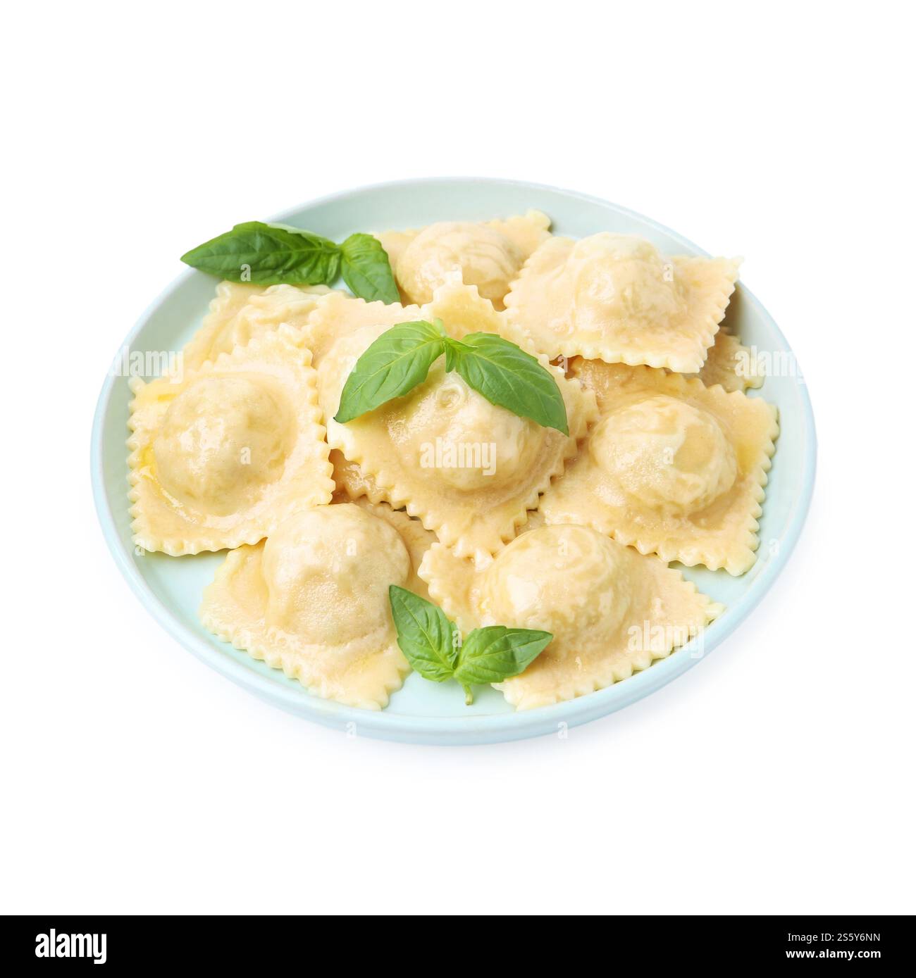Delicious ravioli with cheese and basil isolated on white Stock Photo ...