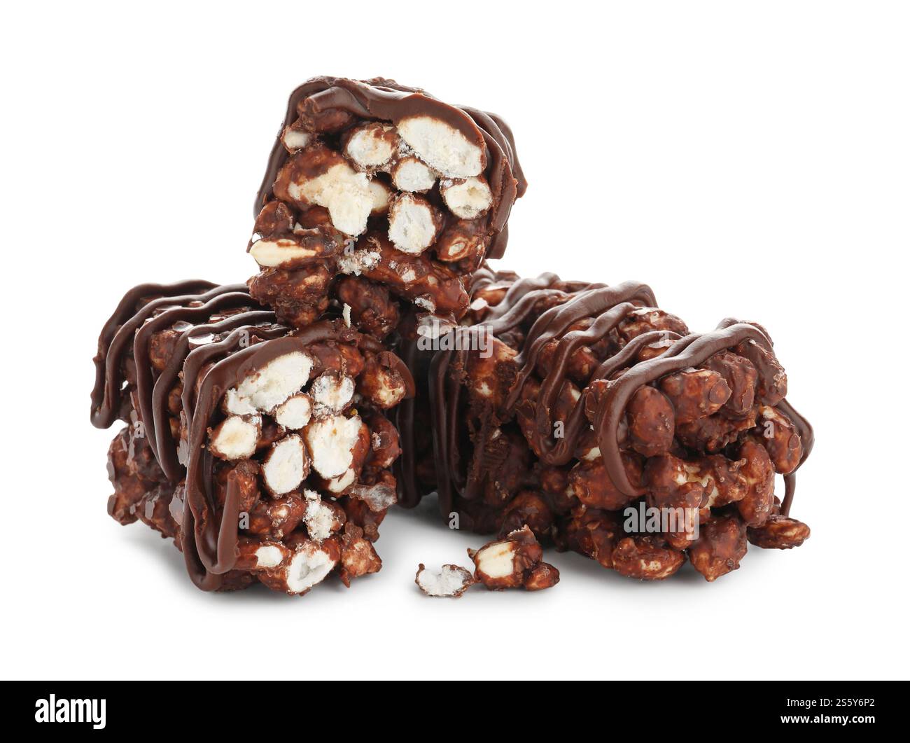 Delicious chocolate puffed rice bars isolated on white Stock Photo - Alamy