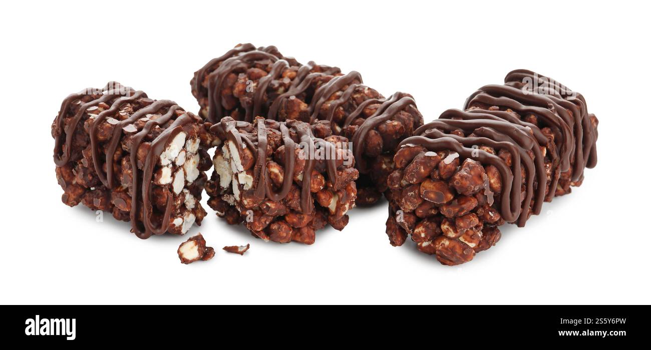 Delicious chocolate puffed rice bars isolated on white Stock Photo - Alamy