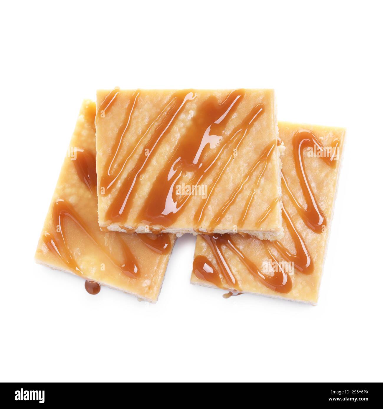 Delicious caramel puffed rice bars isolated on white, top view Stock ...