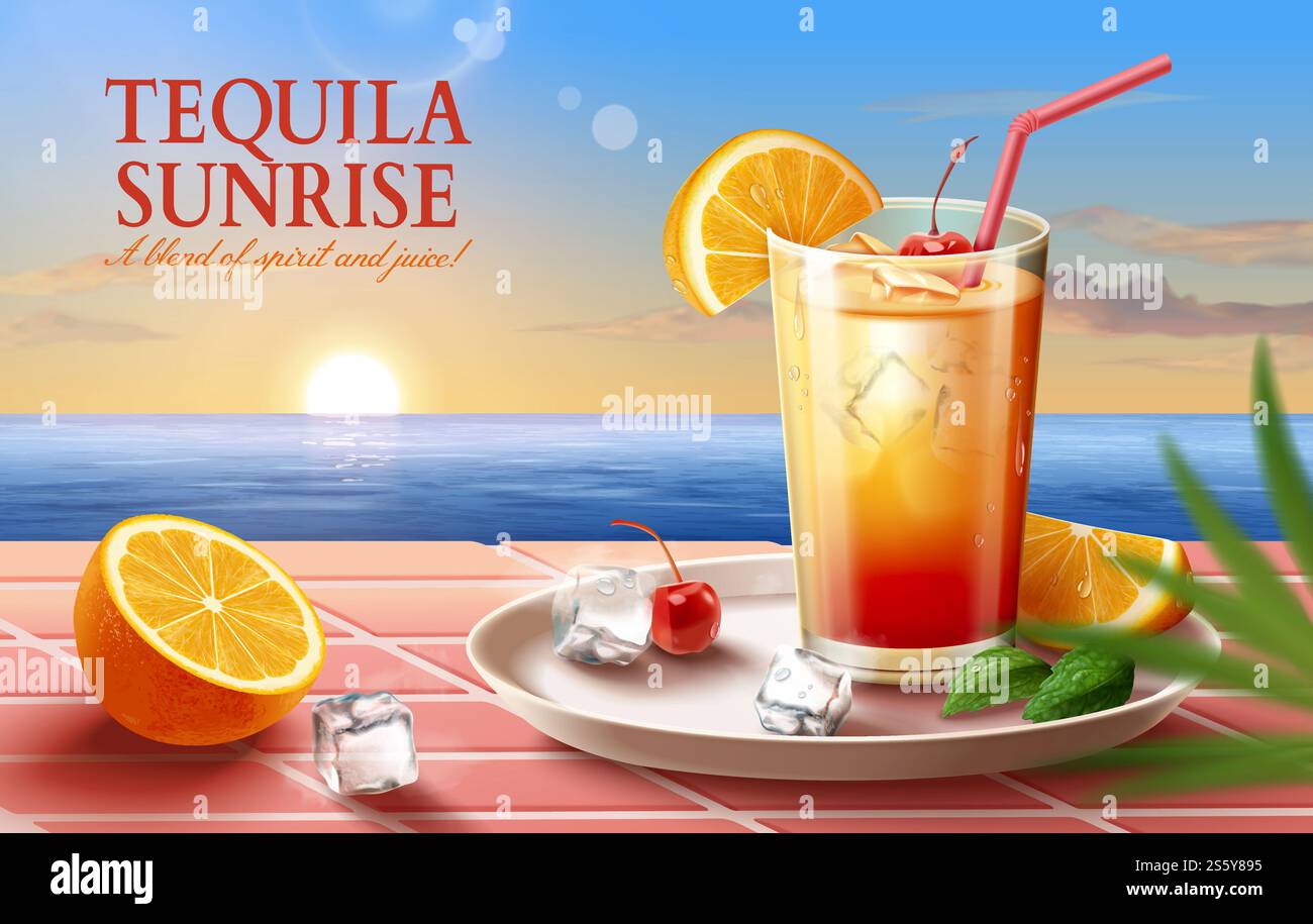 3d tequila sunrise ad template. Cocktail glass on brick tile floor with ...