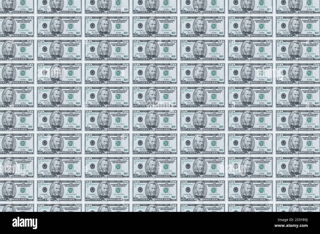 50 US dollars bills printed in money production conveyor. Collage of ...