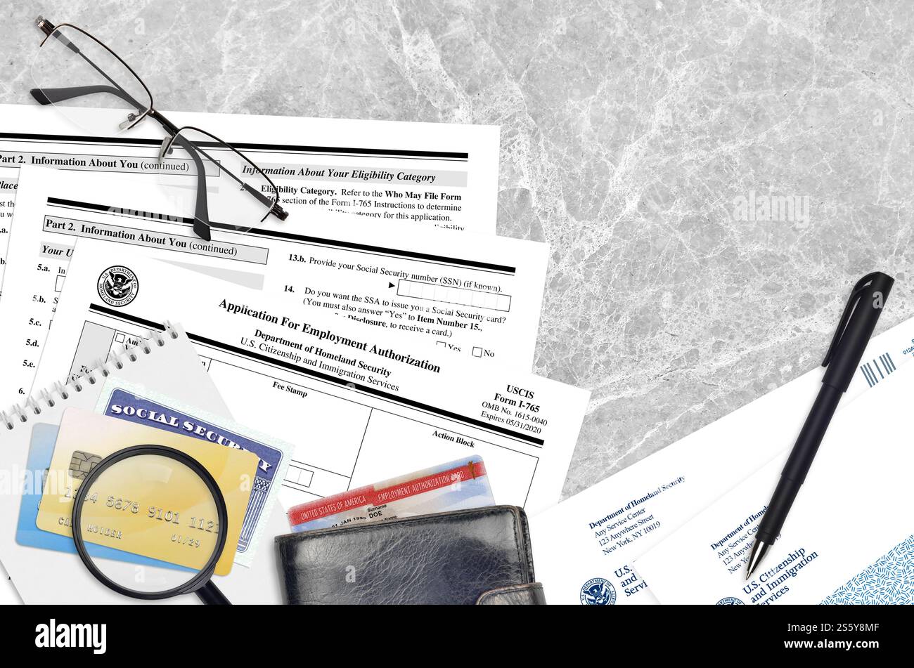 USCIS form I-765 Application for employment authorization lies on flat ...