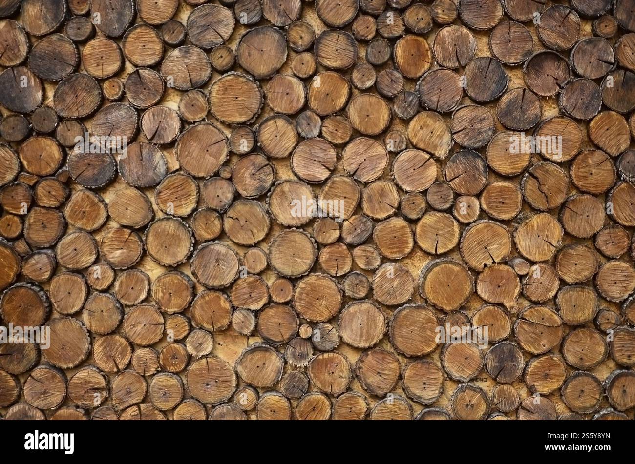 Decorative fence of wooden blocks. Rare wooden handmade wall contains ...