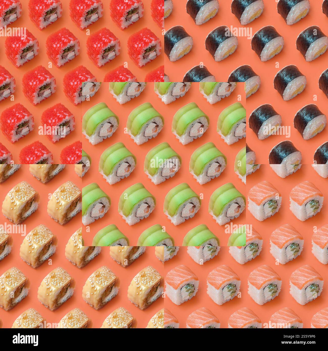Collage with Different types of asian sushi rolls on orange background ...
