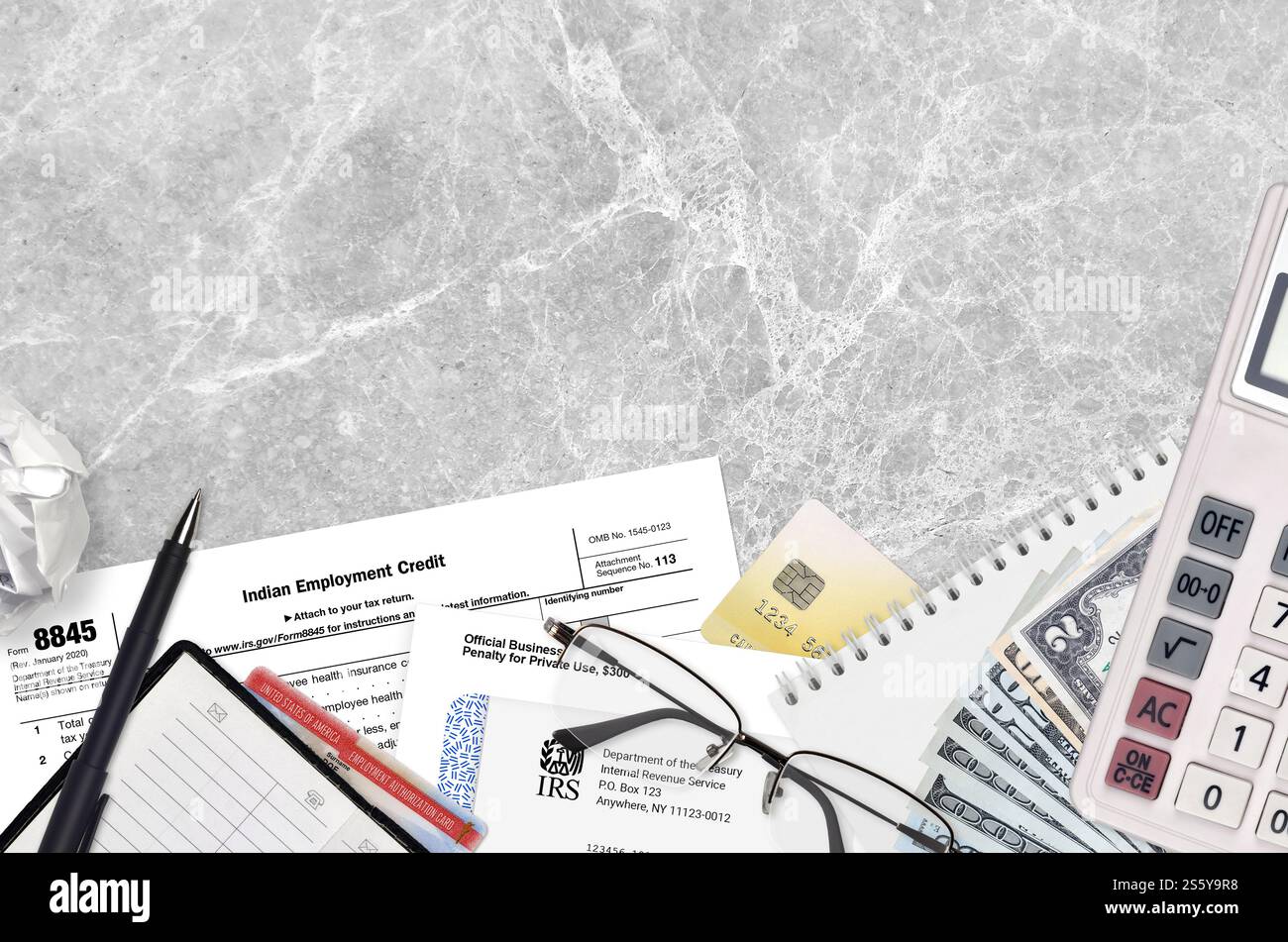 IRS form 8845 Indian Employment credit lies on flat lay office table ...