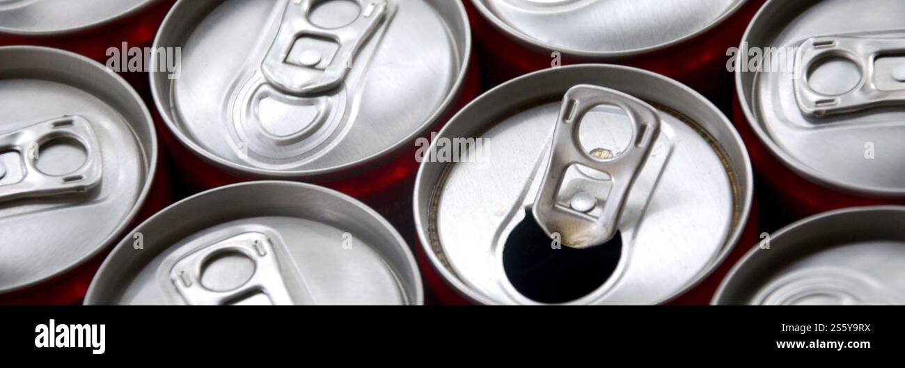 Many aluminium soda drink cans close up. Advertising for Soda drinks or ...