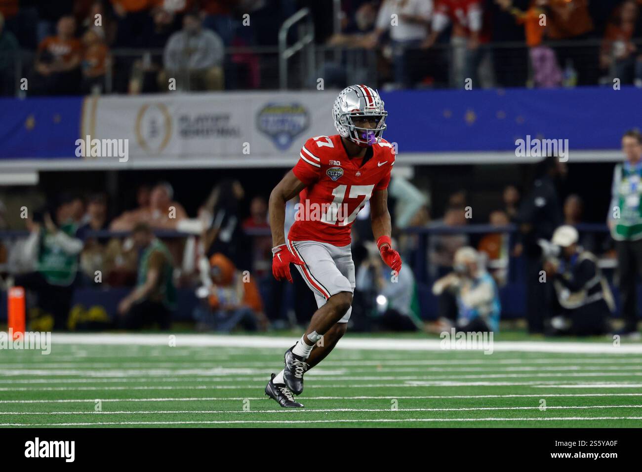 Ohio State wide receiver Carnell Tate (17) runs a pass route during the ...