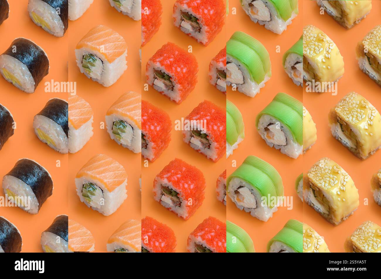 Collage with Different types of asian sushi rolls on orange background ...