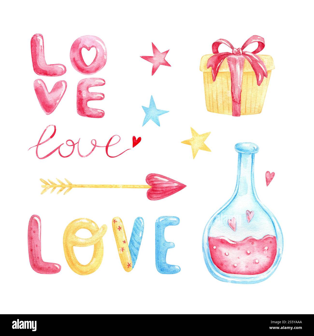 Big watercolor set of elements for Valentine's day. Lettering ...