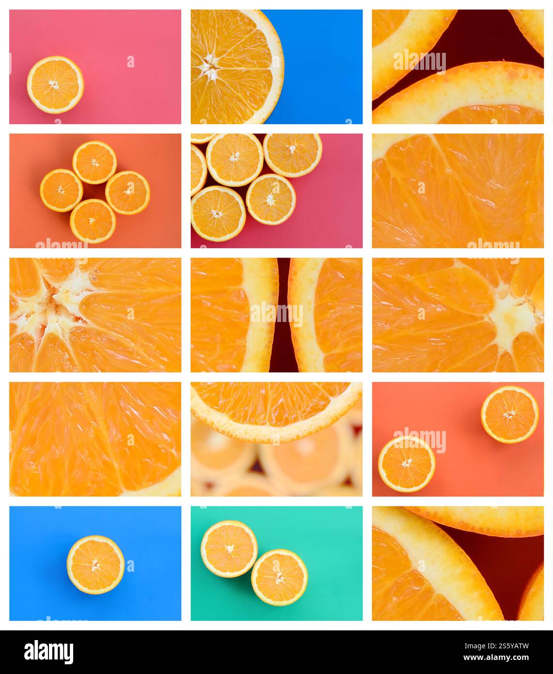 A collage of many pictures with juicy oranges. Set of images with ...