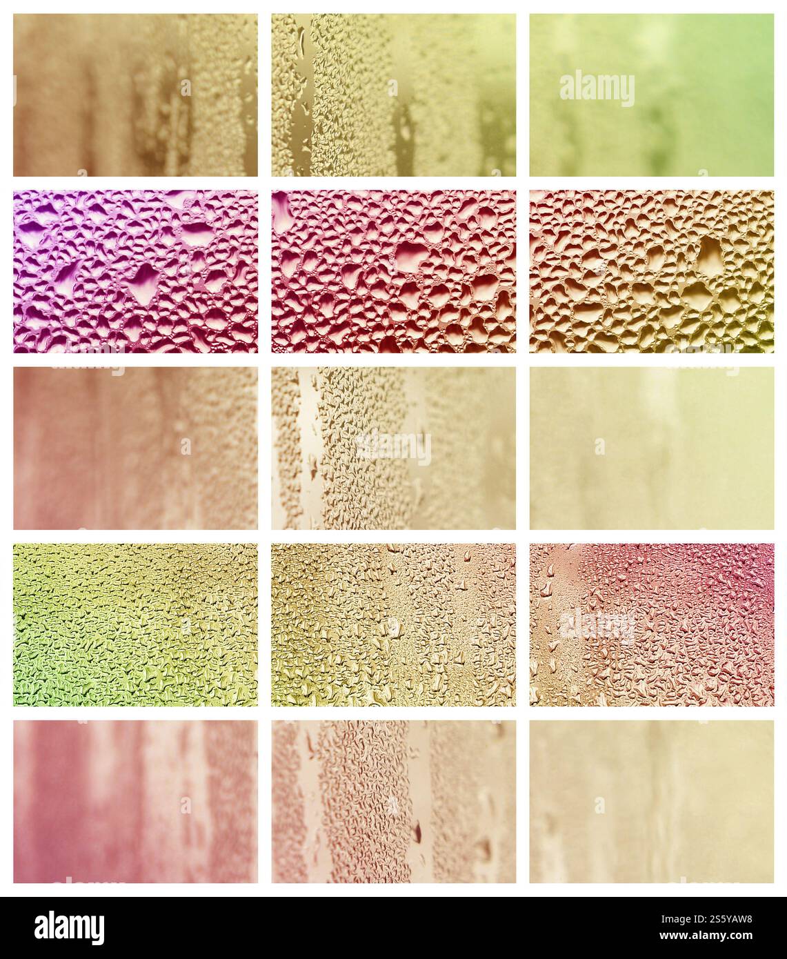 A collage of many different fragments of glass, decorated with rain ...