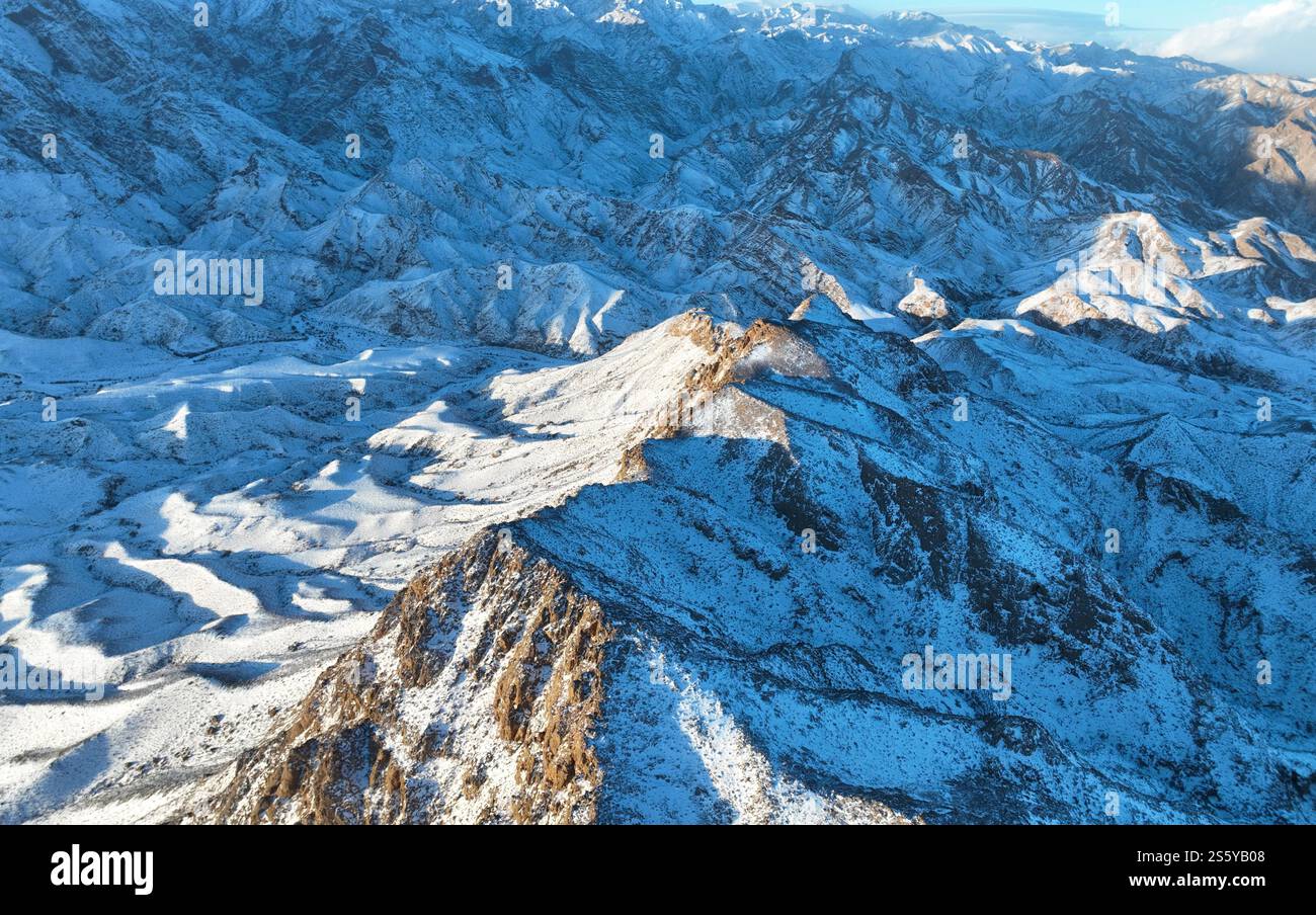 Aerial photo shows the snow scenery of Helan Mountain in Yinchuan City ...