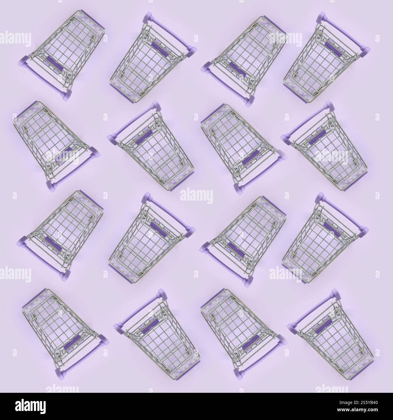 Pattern of many small shopping carts on a violet background. Minimalism ...