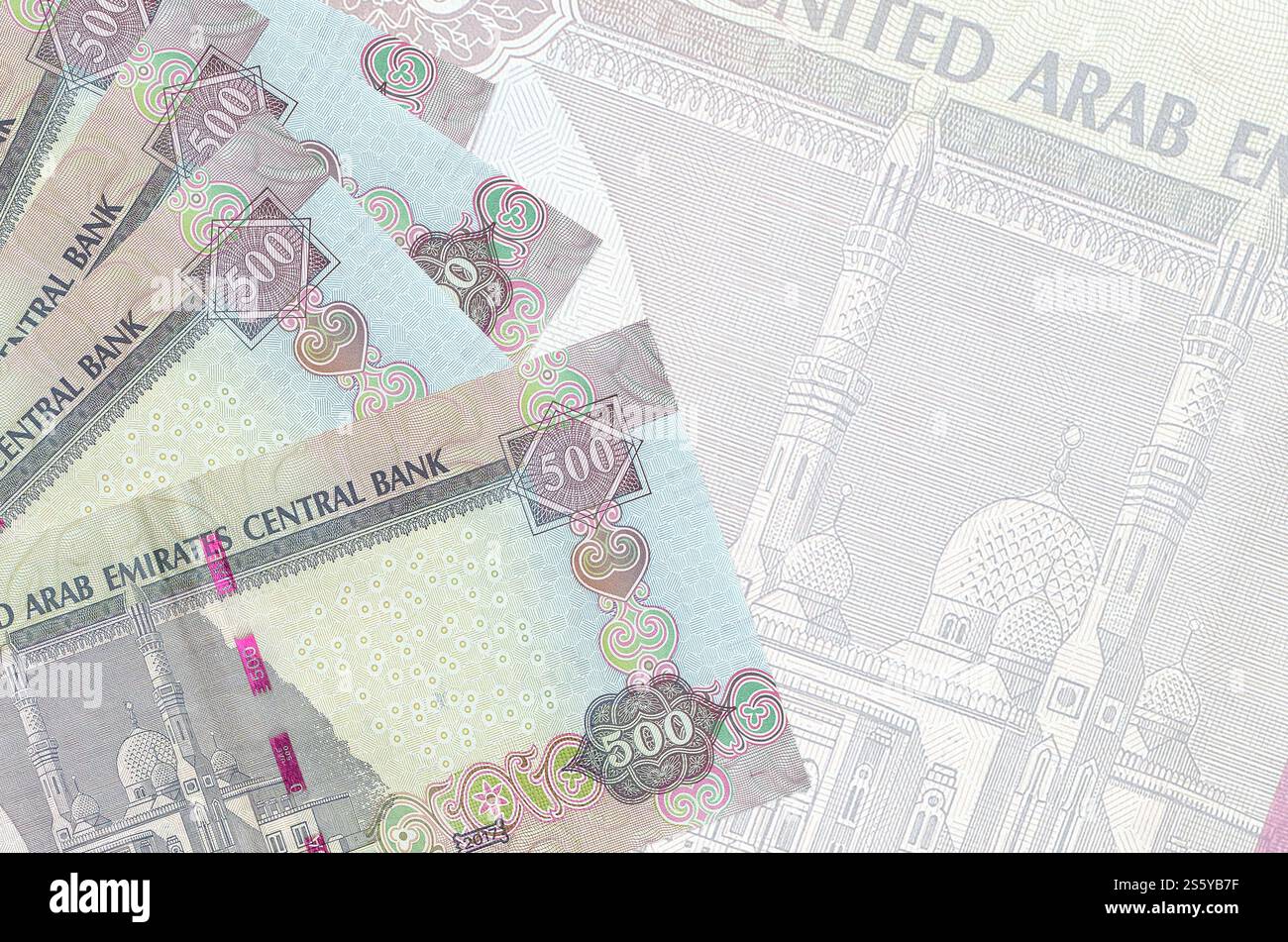 500 UAE dirhams bills lies in stack on background of big semi ...