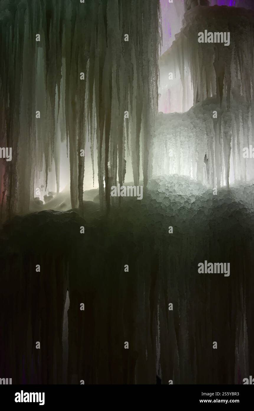 Huge ice icicles. Fragment of large blocks of ice frozen waterfall of ...